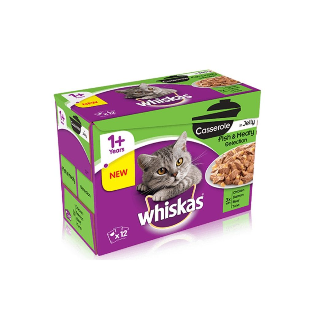WHISKAS 1+ Cat Pouches Casserole Fishy n Meaty Selection in Jelly 12 x ...