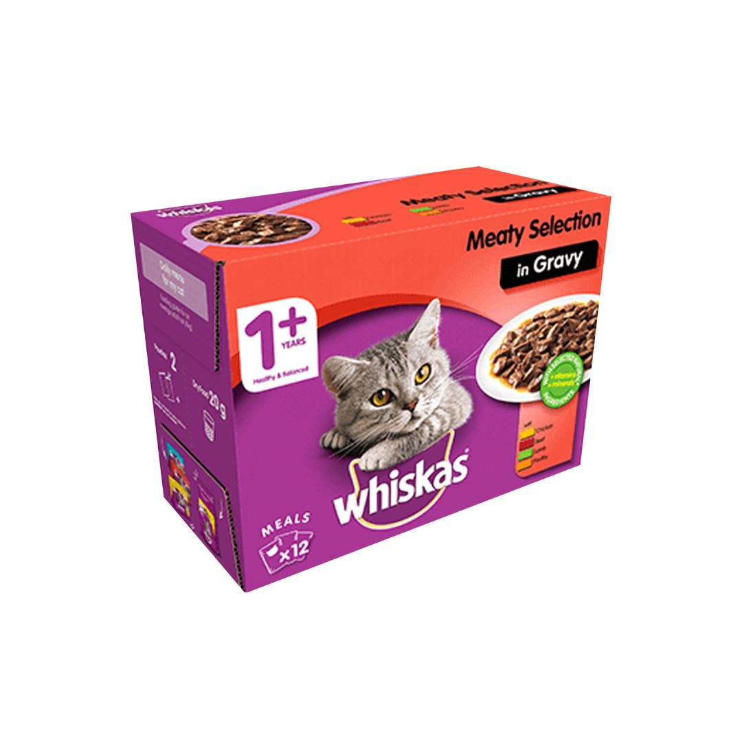 Whiskas 1+ Cat Pouches Casserole Meaty Selection in Gravy 12 x 100g ...